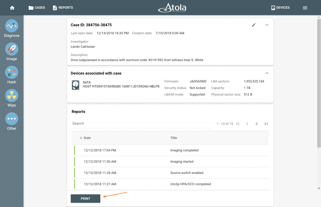 Printing all reports from a case . Investigation reports