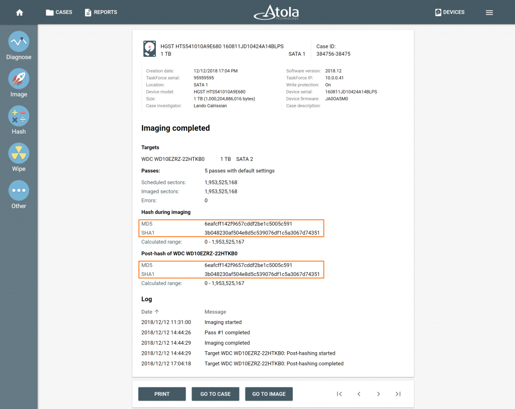 Calculate hash during imaging with Atola TaskForce forensic imager