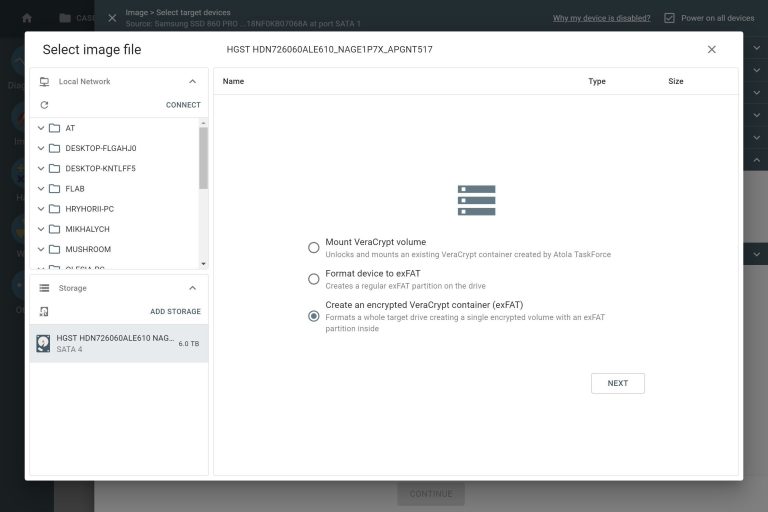 Atola Forensic Imager: TaskForce imaging into a file on an encrypted target
