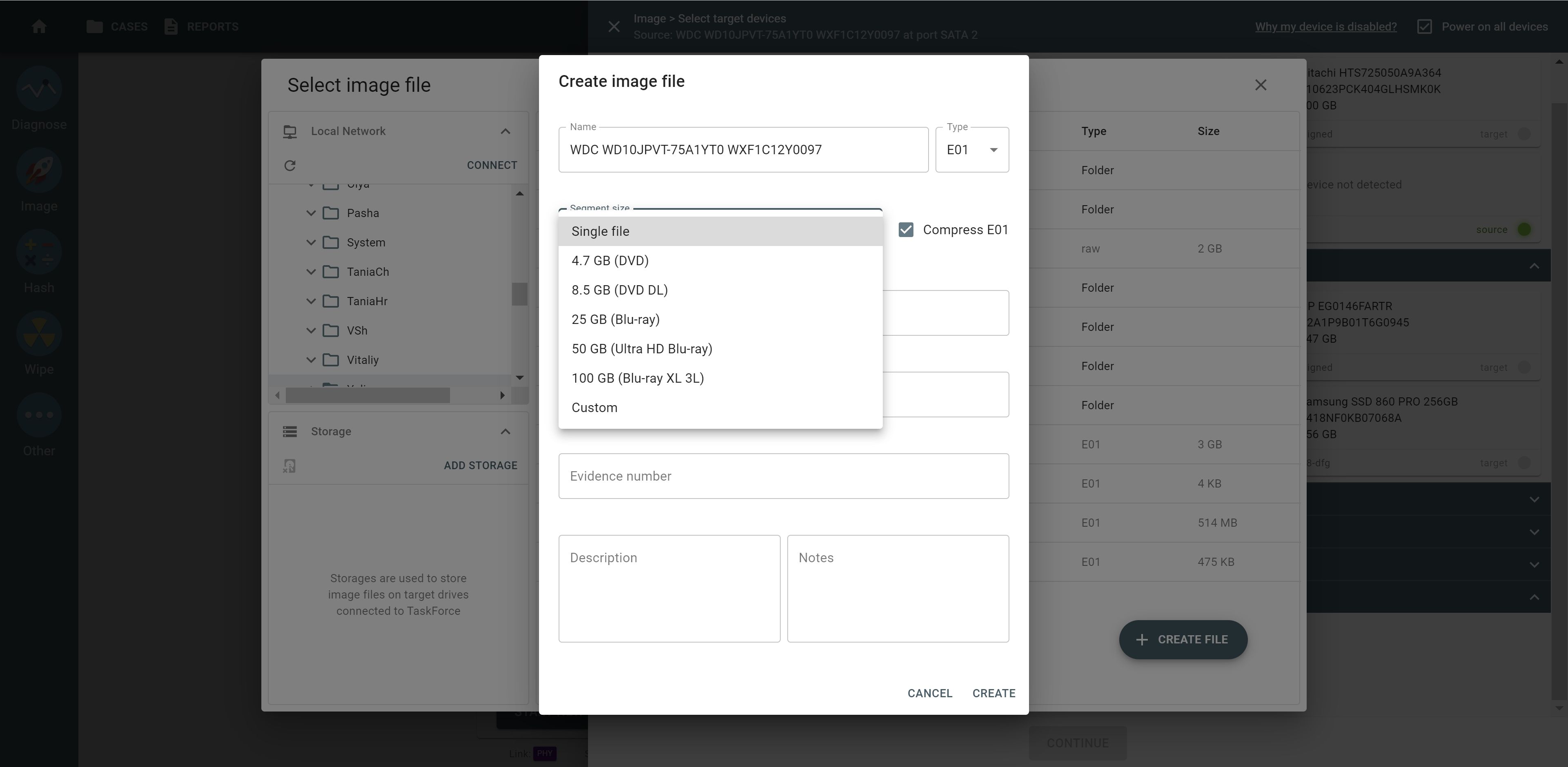 Imaging to segmented E01, E02, E03 etc. with Atola TaskForce